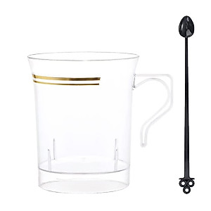 Nervure 60 Pack Clear Gold Plastic Coffee Mugs with 60 PCS Black Coffee Stirrers - 8oz Disposable Coffee Cups with Handles & 5inch Coffee Stirrers - Plastic Tea Cups with Gold Rim for Party