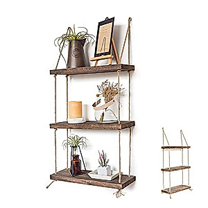 COUNTOOZQ 3 Tier Rope Rustic Brown Wall Hanging Floating Shelves Wall Shelf Wood Swing Hanging Wall Mounted Plant Flower Rack Outdoor