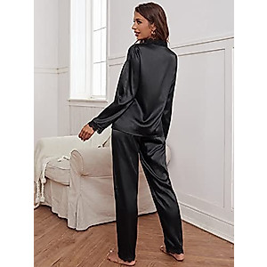MakeMeChic Women's Satin PJ Set Silk Lace Trim Button Down Shirt and Pants Pajama Set Black XXL