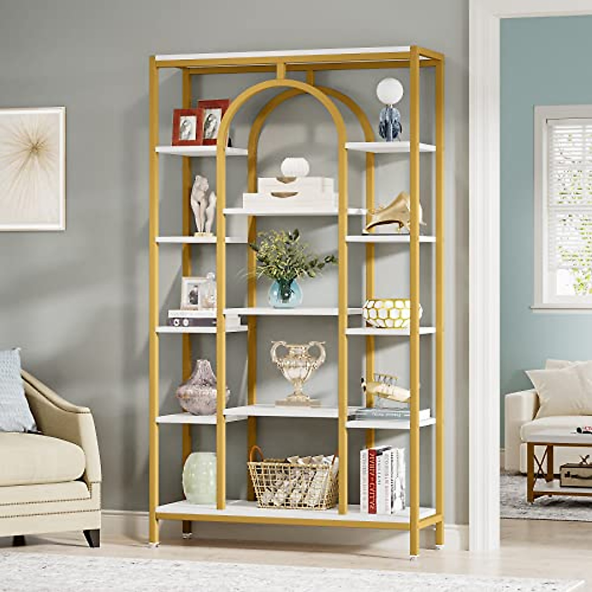 Tribesigns 5-Tier Bookshelf, Modern Tall Bookcase Book Shelf Organizer Freestanding Open Display Shelves for Bedroom Living Room Home Office, 70.8" H x 39.4" L, White/Gold
