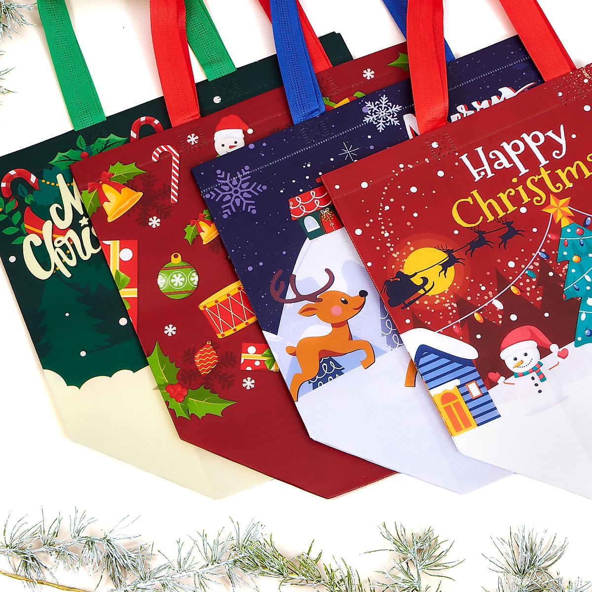 JOYIN Christmas 12 PCS Tote Bags Large Size 12.8"*9.8" Gift Bags for Xmas Party. Holiday Reusable Grocery Bags Bulk With Handles as Goodie Bags, Party Supplies Bags, Party Favor Shopping Bags.
