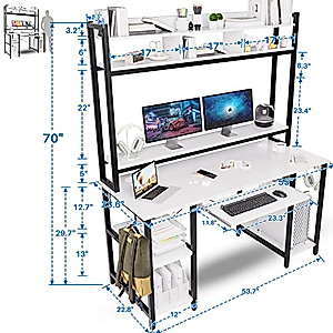 Computer Desk with Hutch Bookshelves, Storage Shelves, Keyboard Tray, Home Office Study Work Desk 53 inch Width, 70 inch High