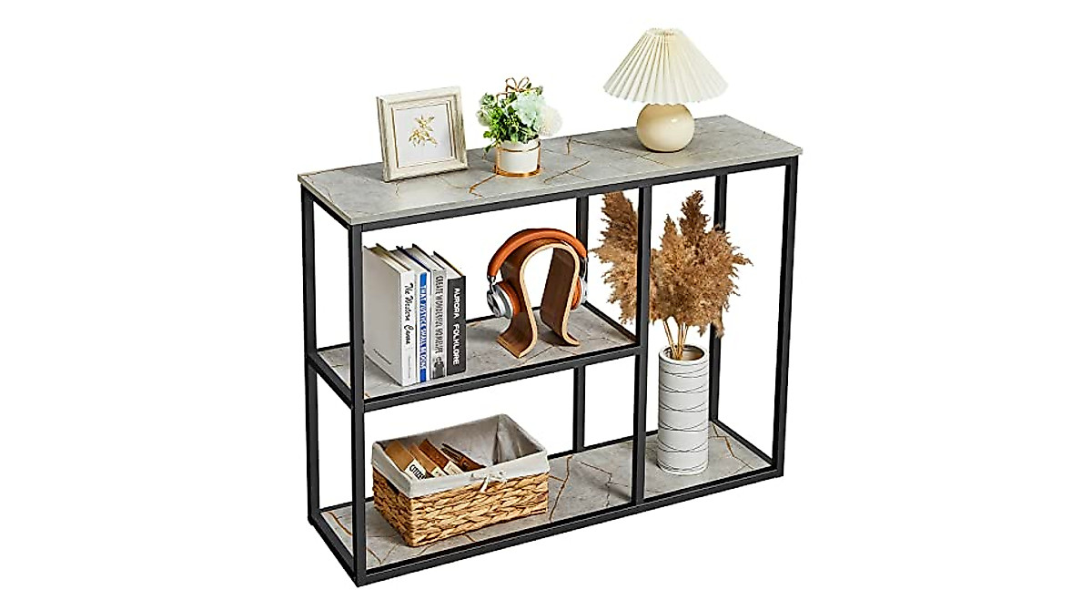 WOHOMO 40" Grey Marble Console Table - Slim 3-Tier Storage