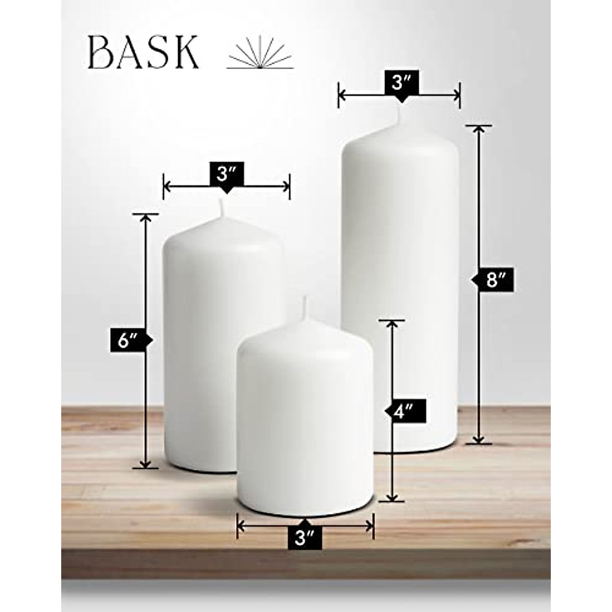 Cone Top Pillar Candles by Bask - Set of 3-3" x 4", 6", and 8" Dripless Unscented Candles in White for Home Decor, Relaxation & All Occasions