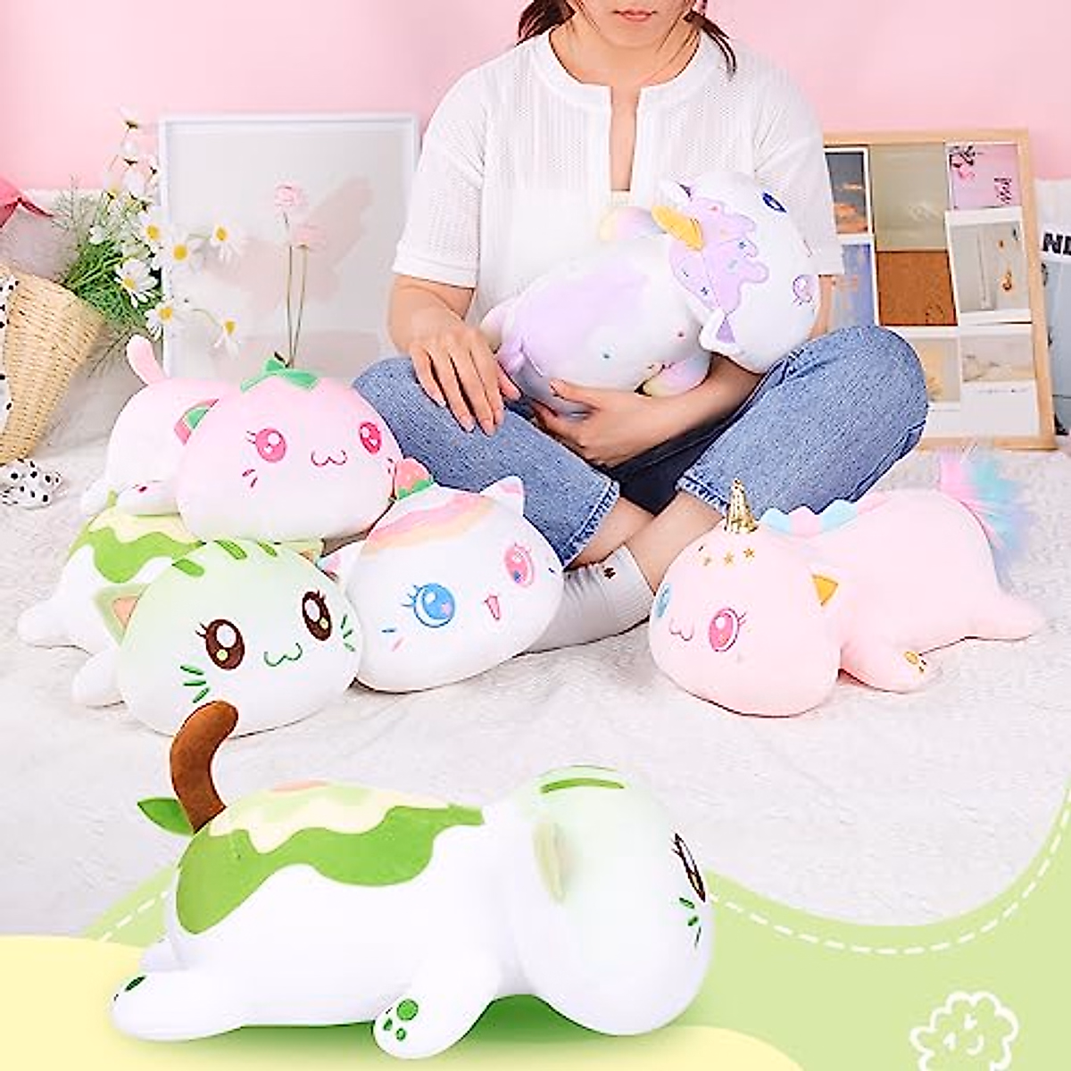 AIXINI Cute Avocado Cat Plush Pillow 13.7" Kitten Stuffed Animal, Soft Kawaii Cat Plushie Gift for Kids