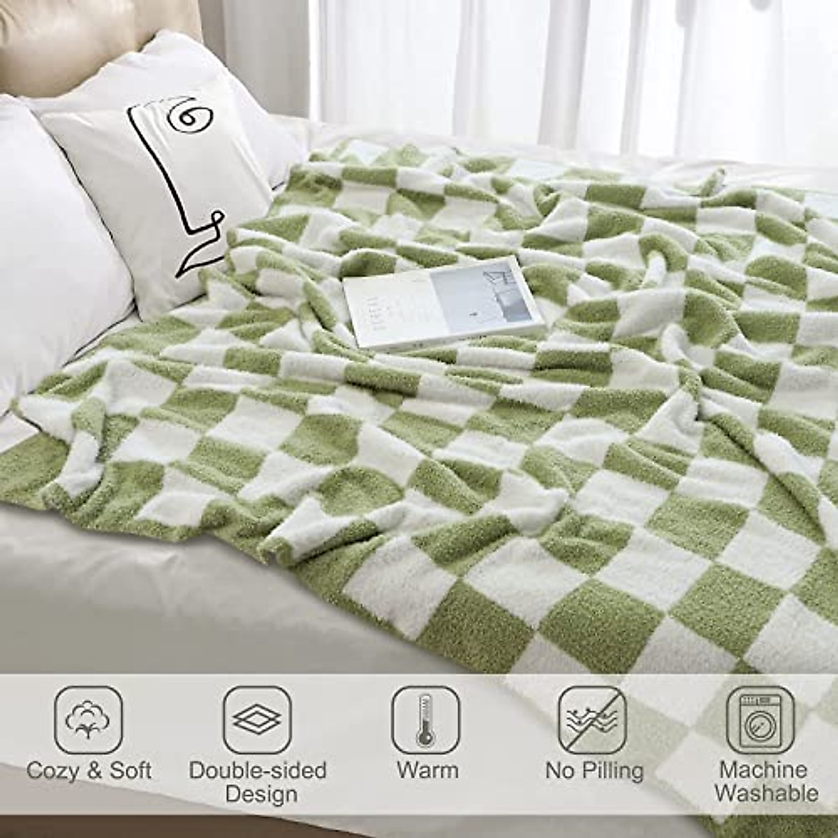 OTOSTAR Checkered Throw Blankets Super Soft Warm Cozy Knitted Checkerboard Grid Chessboard Gingham Reversible Blanket for Couch Comfort Plush Fluffy Blanket for Bed Sofa Travel 60x80 Inch (Sage Green)