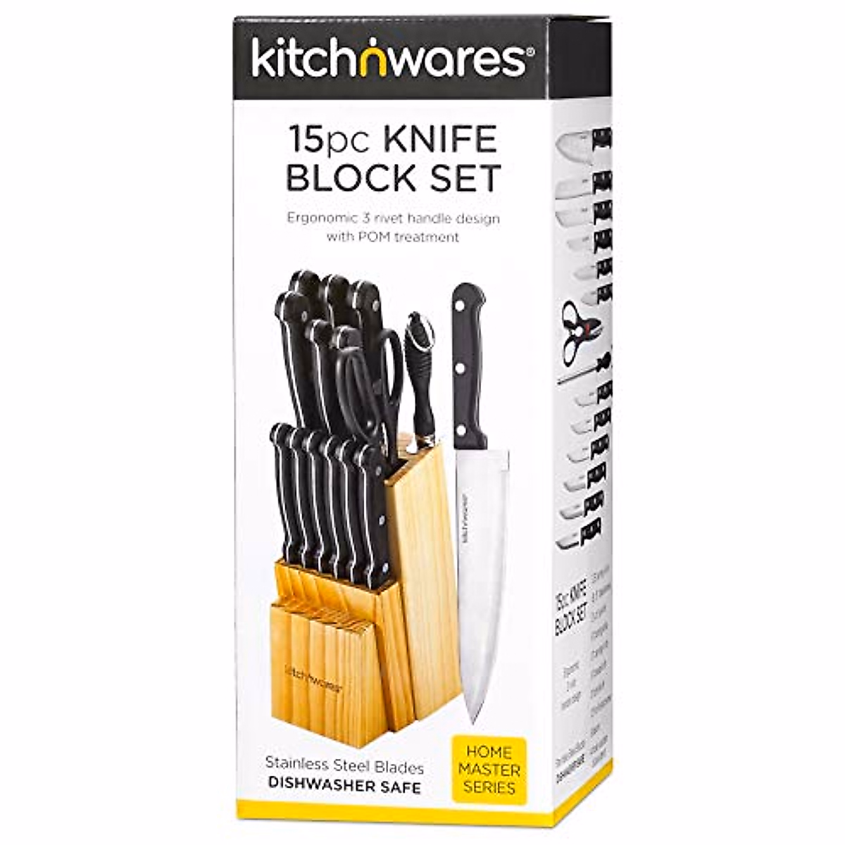 Knife Set With Wooden Block - 15 Piece Set Includes Chef Knife, Bread Knife, Carving Knife, Utility Knife, Paring Knife, Steak Knife, Boning Knife, Scissors And Knife Sharpener. - By Kitch N’ Wares