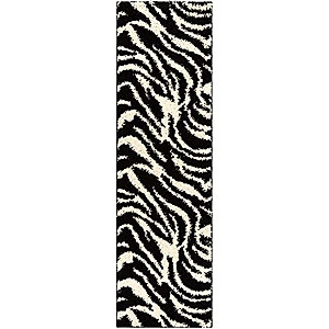 Well Woven Modern Animal Print 2x7 (2'' x 7'3'' Runner) Area Rug Shag Zebra Black& Ivory Plush Easy Care Thick Soft Plush Living Room