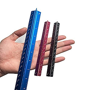 3 Pack Architectural Scale Ruler, YIFARUBE 12"/ 6" Aluminum Architect Triangular Ruler, Professional Measuring Kit for Architect, Civil Engineer & Draftsman (Black, Red & Blue)