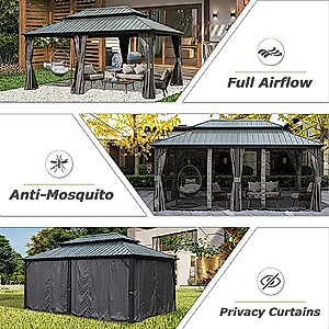 Domi 12' X 18' Hardtop Gazebo, Aluminum Metal Gazebo with Galvanized Steel Double Roof Canopy, Curtain and Netting, Permanent Gazebo Pavilion for Patio, Backyard, Deck, Lawn