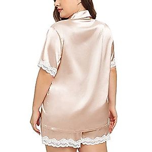 SWOMOG Satin Plus Size Pajama Women Short Sleeve Loungwear Two Piece Sleepwear Silk Satin Pajamas Set Comfy Pjs with Lace Trim Champagne