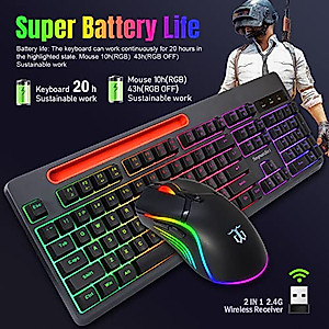 Snpurdiri Wireless Gaming Keyboard and Mouse Combo, True RGB Rechargeable Full Size Anti-ghosting Keyboard with Tablet/Phone Bracket, RGB Mouse,Long Battery Life for Gaming, Office
