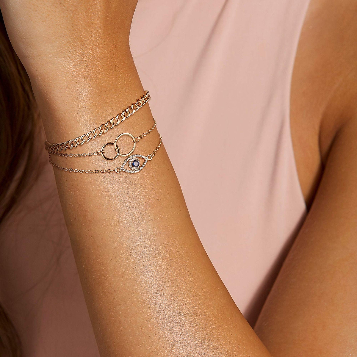 Layered Evil Eye Bracelets for Women, 14K Gold Filled Delicate CZ Evil Eye Bracelet layering Gold Cuban Chain bracelet Infinity Circle Dainty Evil Eye Bracelets for Women Jewelry