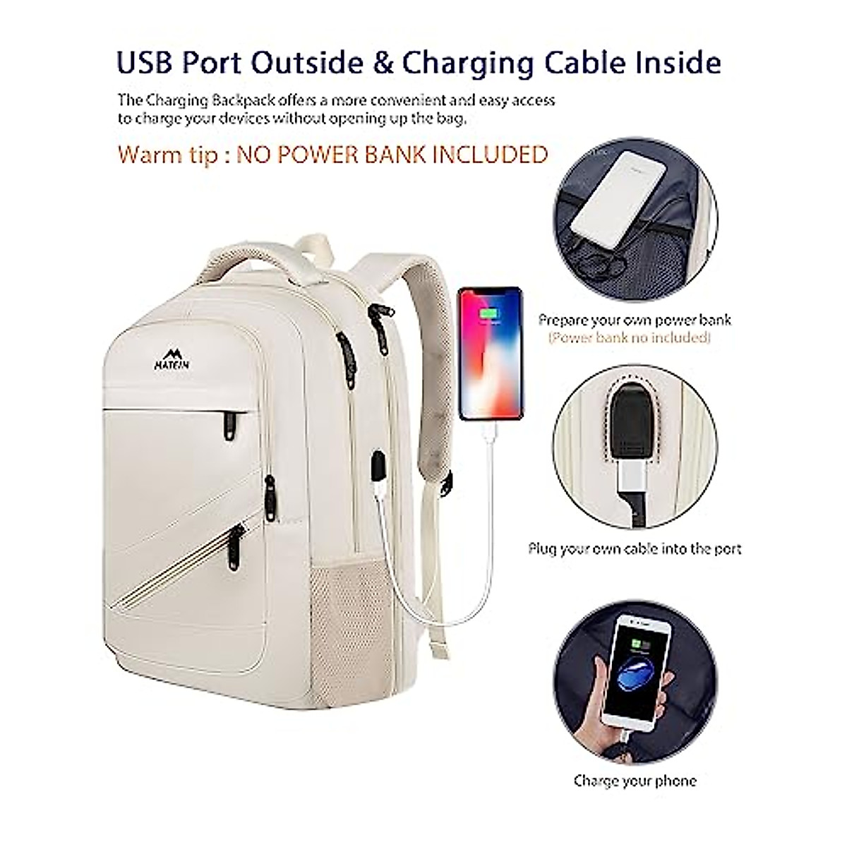 MATEIN 17 inch Laptop Backpack for Women, Big Travel Backpack Airline Approved with Luggage Strap, Heavy Duty Work Bag with USB Charging Port, Water Resistant Bag for College, Beige