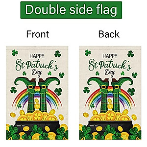 Spring St. Patrick's Day Garden Flag 12x18 Double Sided, Burlap Small Lucky Leprechauns Shamrock Welcome Yard Flag Banner Gold Coin Pot Rainbow Clover Sign for Home Outside Outdoor Decor (ONLY FLAG)