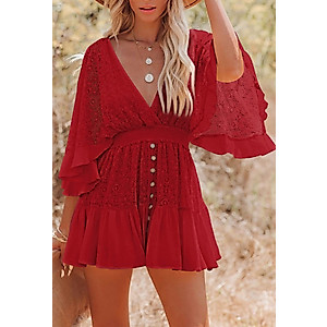 Fixmatti Womens Summer V-Neck Batwing Sleeve Backless Lace Mini Swing Skater Dress Red M