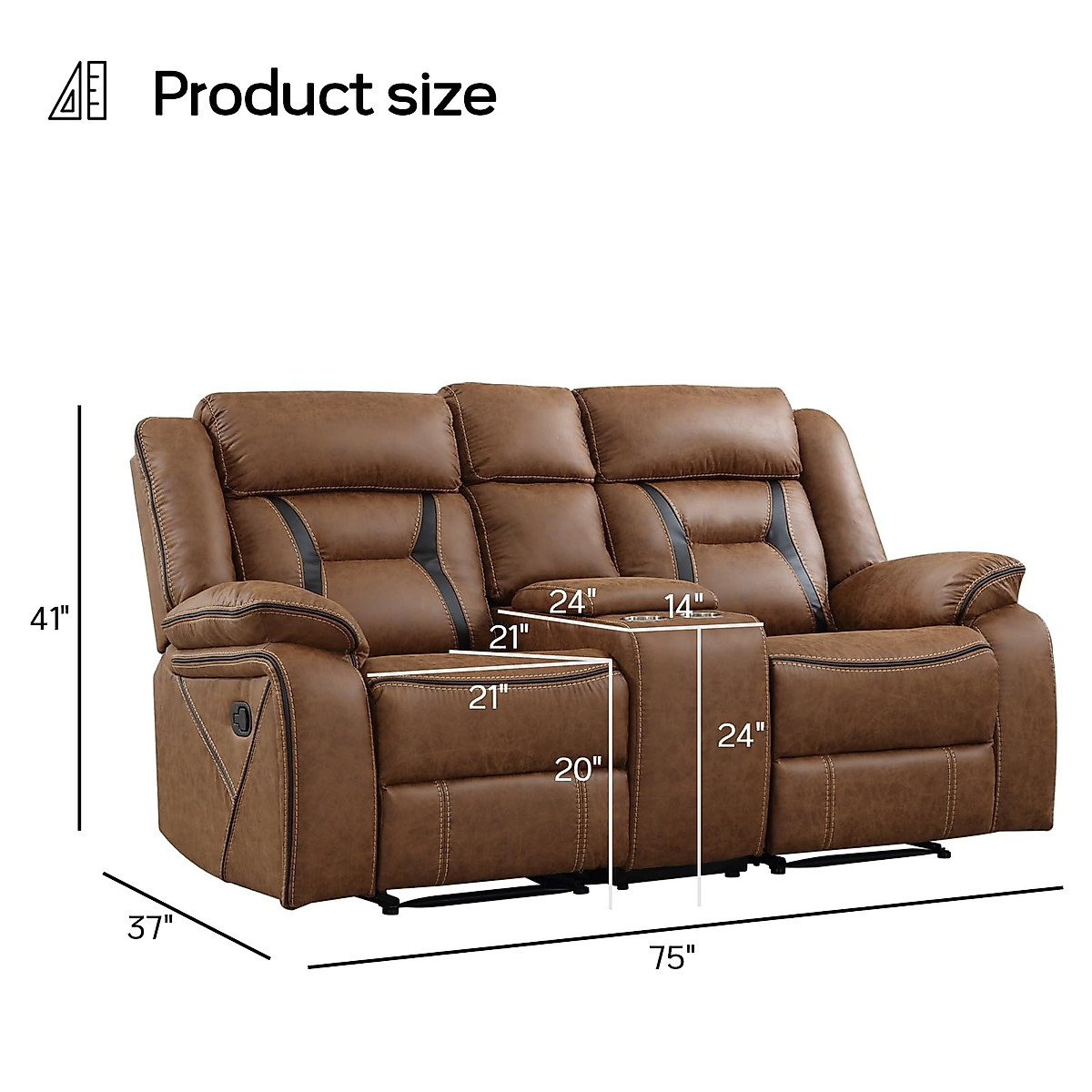 EBELLO Faux Leather Manual Loveseat Recliner, 2 Seat Reclining Sofa Chair with Center Console, Hidden Storage and Cup Holders, Daul Recliner for Living Room, Meeting Room, Brown (Loveseat)