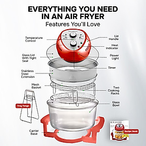 Big Boss 16Qt Large Glass Air Fryer Non Toxic – Large Halogen Oven Cooker with 50+ Air Fryers Recipe Book for Meals for Entire Family, Healthier Oil-Free Crispy Foods As Seen on TikTok