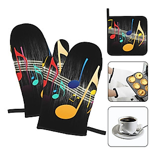 Colorful Musical Note Oven Mitts and Pot Holders Sets of 3 Washable Heat Resistant Hot Pads Non-Slip BBQ Gloves for Kitchen Cooking Baking Grilling