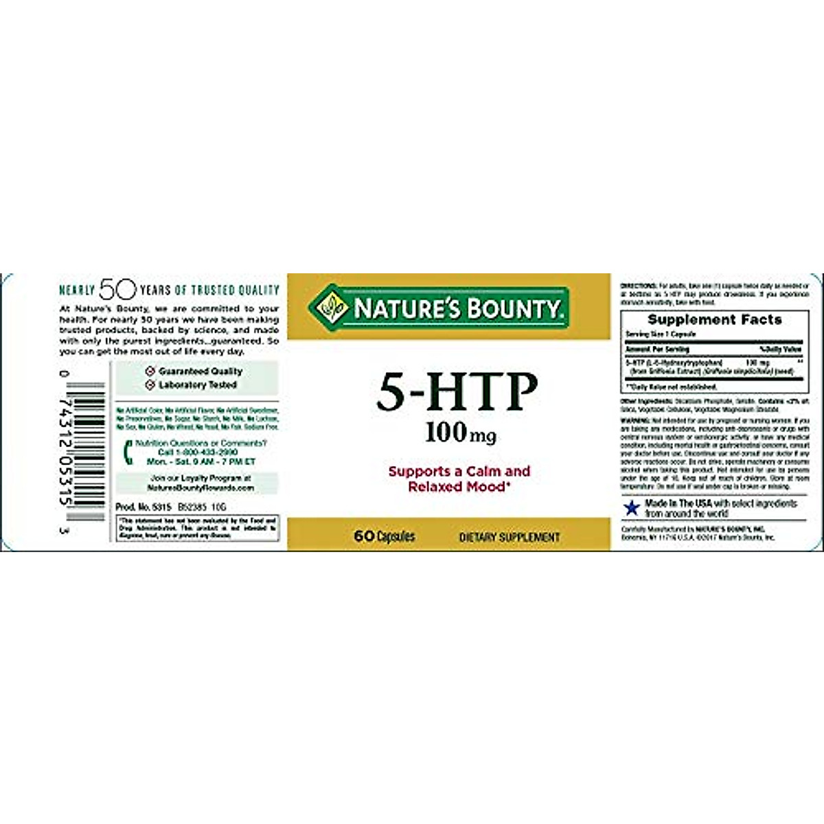 Nature's Bounty 5-HTP Pills and Dietary Supplement, Supports a Calm and Relaxed Mood, 100mg, 60 Capsules