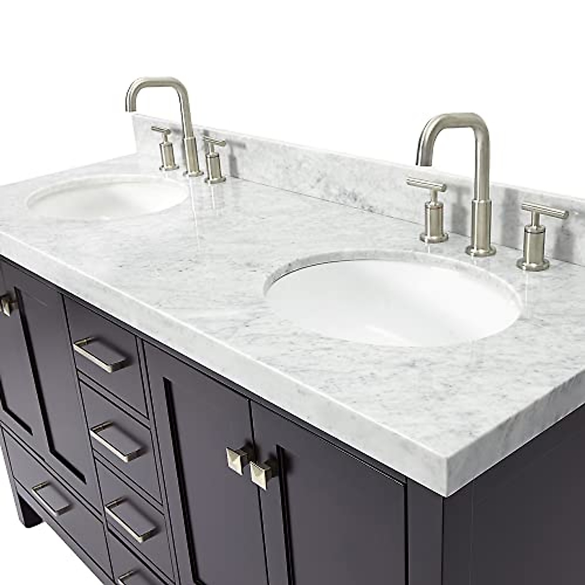 ARIEL Double Bathroom Vanity 60" Espresso, 2" Edge Italian Carrara Marble Countertop & Splash, Rectangular Sinks, 4 Soft Closing Doors, 6 Full Extension Dovetail Drawers, Brushed Nickel