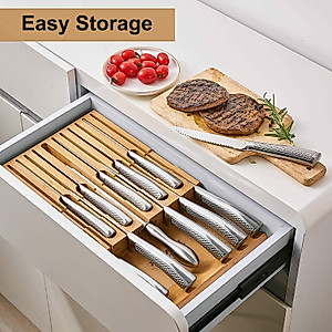 14 Pcs German Stainless Steel Kitchen Knife Set with In-Drawer Bamboo Knife Block - 7 Chef Knives,6 Serrated Steak Knives, Knife Sharpener, Ultra Sharp Chef Knife Set with Full-Tang Design