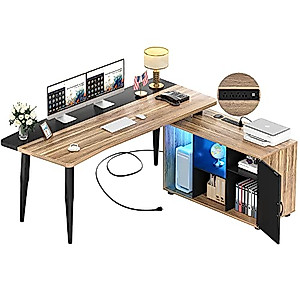 Unikito L Shaped Desk with Power Outlet and LED Light, 55 inch Executive Desk, Large L-Shaped Office Desk with Door, Corner Computer Desk with Lateral File Cabinet, Home Office Desk, Walnut and Black