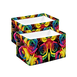 Storage Baskets for Shelves, Foldable Rectangle Storage Baskets, Colorful Rainbow Roses Flower Picture Storage Containers for Organizing Dorm Closet Room, 2-Pack (15” x 11” x 9.5”)