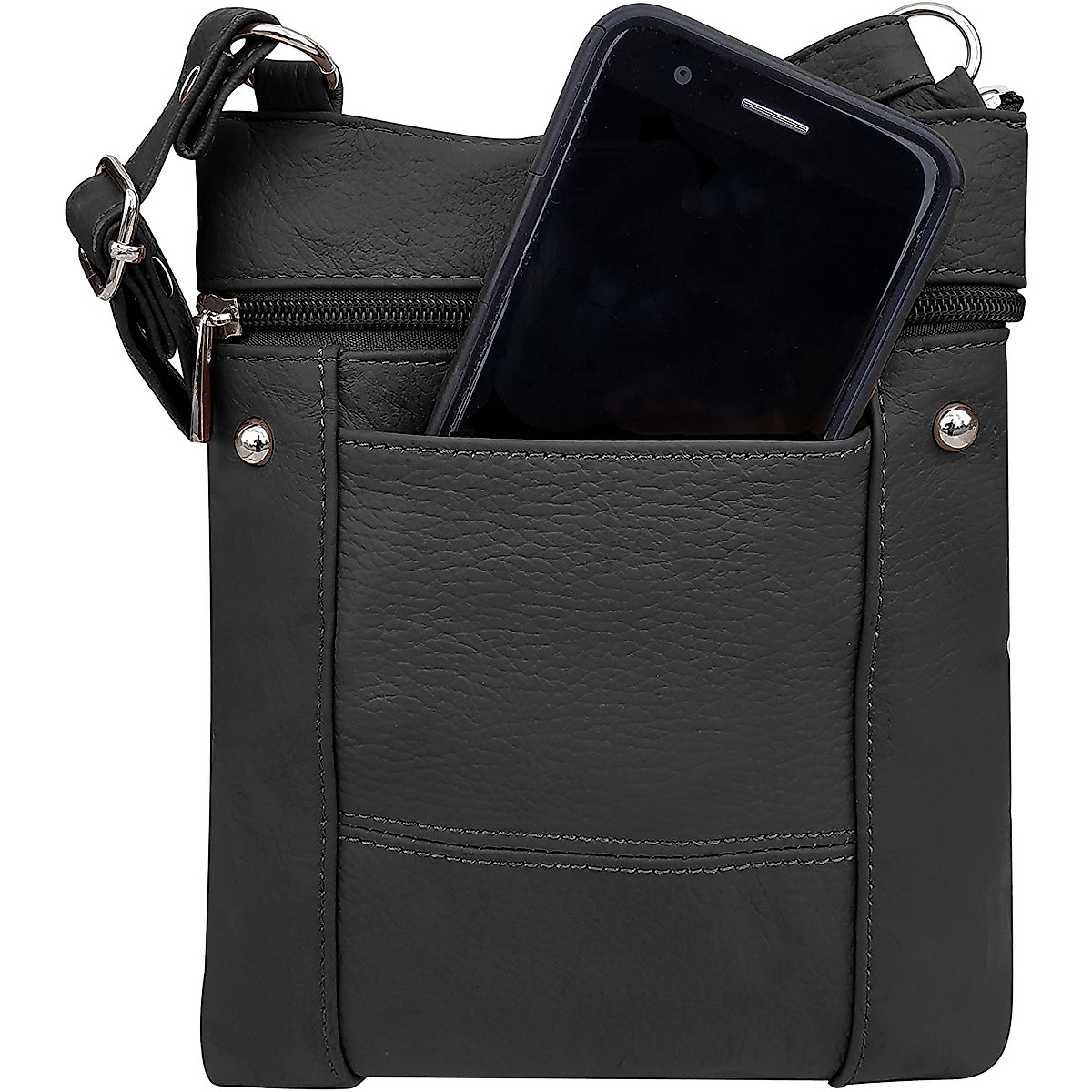 Roma Leathers Genuine X-Large Crossbody Purse, Multi-Pocket, Adjustable Strap, XL, Black