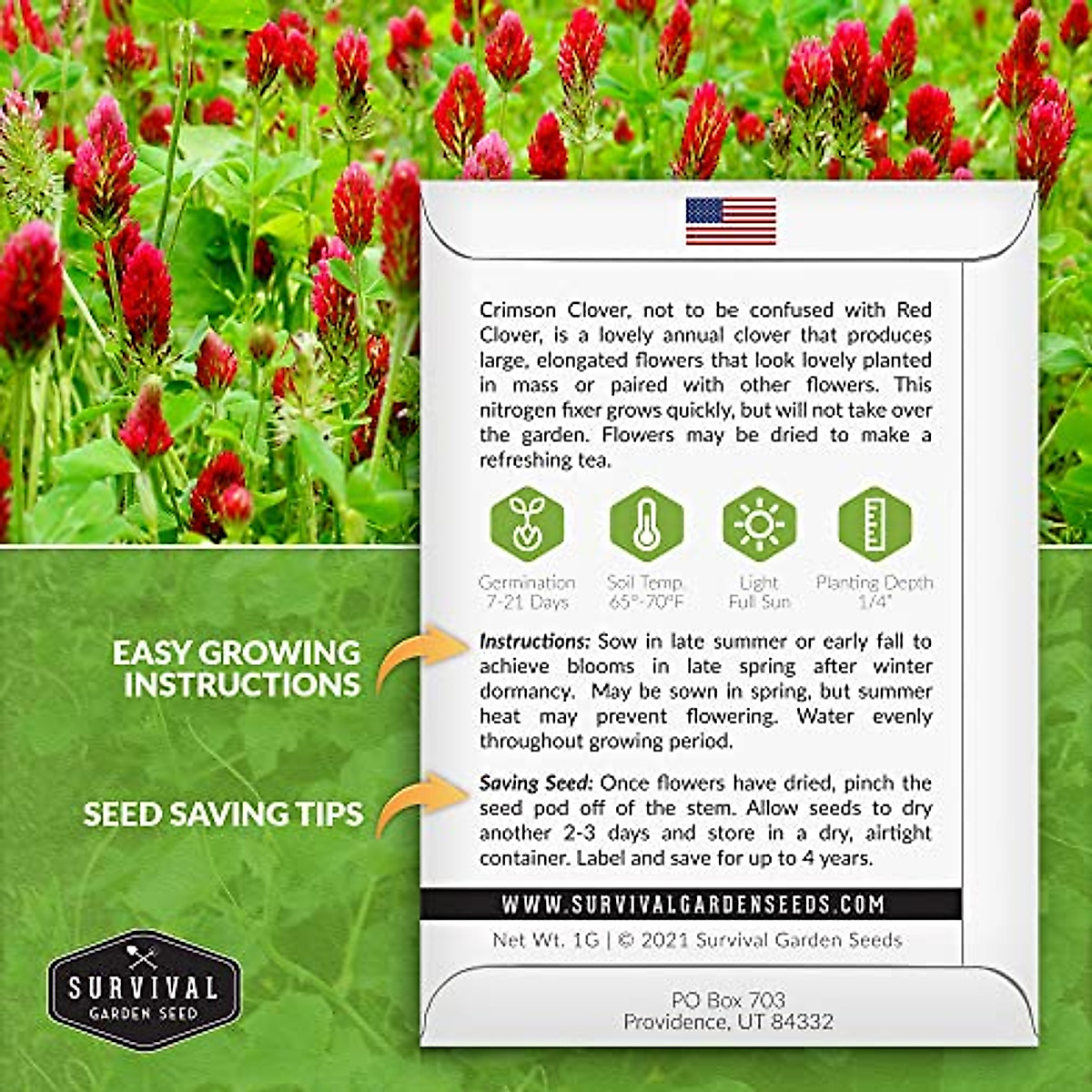 Survival Garden Seeds - Crimson Clover Seed for Planting - Packet with Instructions to Plant and Grow Lovely Flowers that also are a Cover Crop in Your Home Vegetable Garden - Non-GMO Heirloom Variety