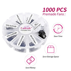 1000 Mixed Volume Eyelash Extensions Tray - 10D Premade Fans, D Curl Lash Fans, Pointed Handmade Loose Thin Base Fans (10D-0.07D, 9-16mm)