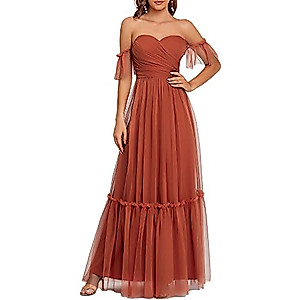 Ever-Pretty Women's Formal Dress Sweetheart Off-Shoulder Ruched Tulle Maxi Bridesmaid Dresses Burnt Orange US4