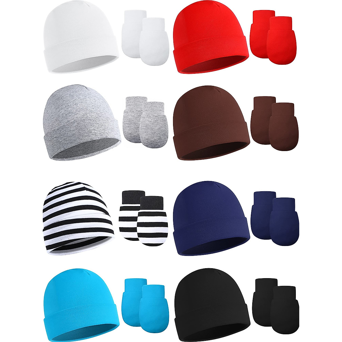 Newborn Hats and Mittens Set Unisex Baby Beanie Hats Gloves (8 Colors,16 Pieces)