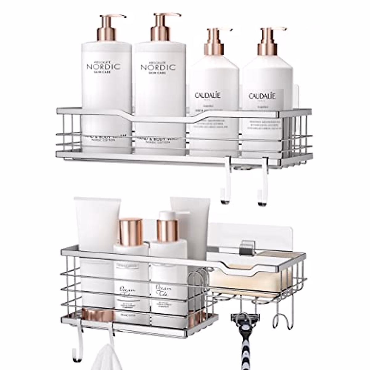 HBlife Self Adhesive Shower Shelves, 2 Pack Shower Caddy with 4 Hooks and Soap Holder, Rustproof Stainless Steel Shower Organizer