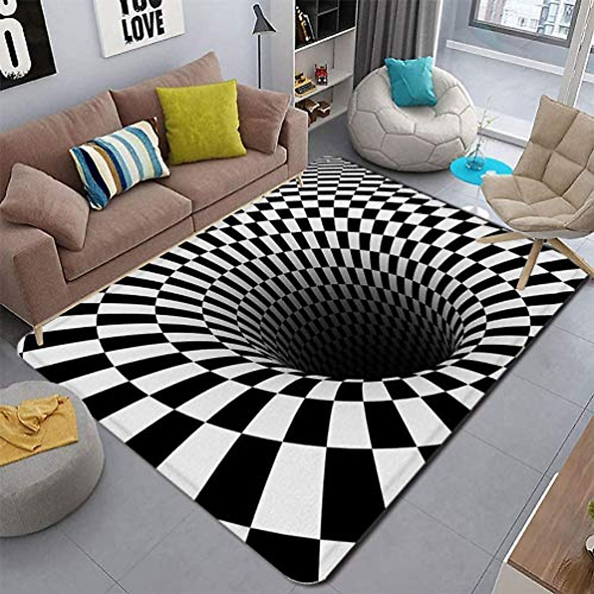 3D Carpet Bottomless Hole Optical Illusion Area Rug, Checkered Vortex Optical Illusions Rug, for Dining Room Carpet Home Bedroom Floor Mat (80x120cm) 1