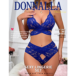 Donnalla Women Sexy Lingerie Set Two Piece Lace Bra and Panty Set Babydoll Sleepwear, Royal Blue, Large