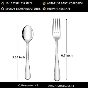 Small Spoons and Forks Set, Set of 16 Top Food Grade Stainless Steel Forks and Spoons Silverware Set, kitchen utensil Dessert Salad Forks (6.7 Inch) and Coffee Dessert Spoons (5.35 Inch) Cutlery Set