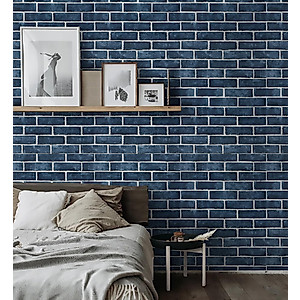 HeloHo 17.7" X 118" Blue Brick Wallpaper Peel and Stick Wallpaper Self-Adhesive Removable Wallpaper Brick 3D Textured Wallpaper for Kitchen Backsplash Living Room Bedroom Decor