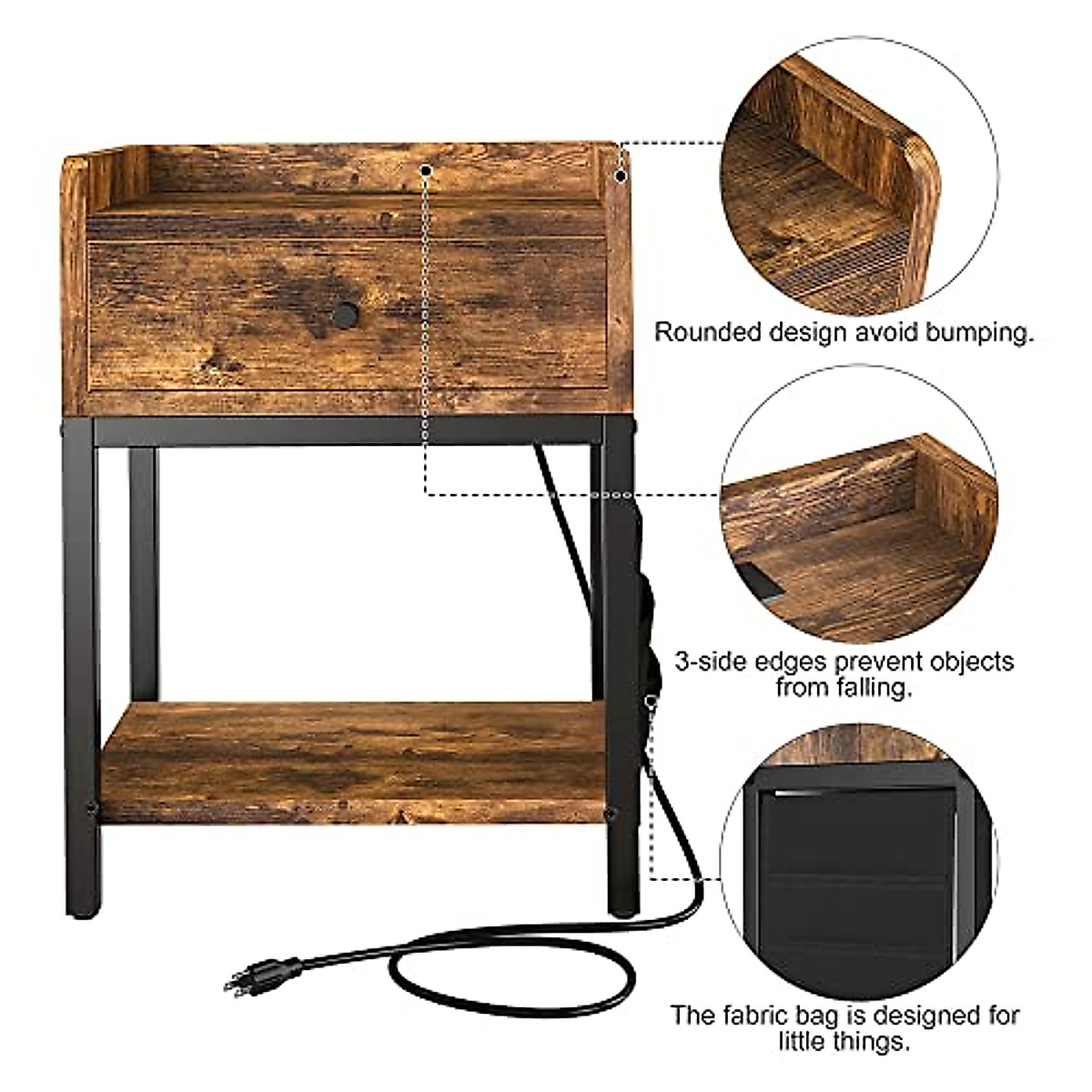 FABATO End Table with Charging Station Nightstands with Drawer and Fabric Bag Storage & USB Ports Narrow Sofa Side Table for Small Spaces with Metal Frame Living Room Bedroom, Rustic Brown
