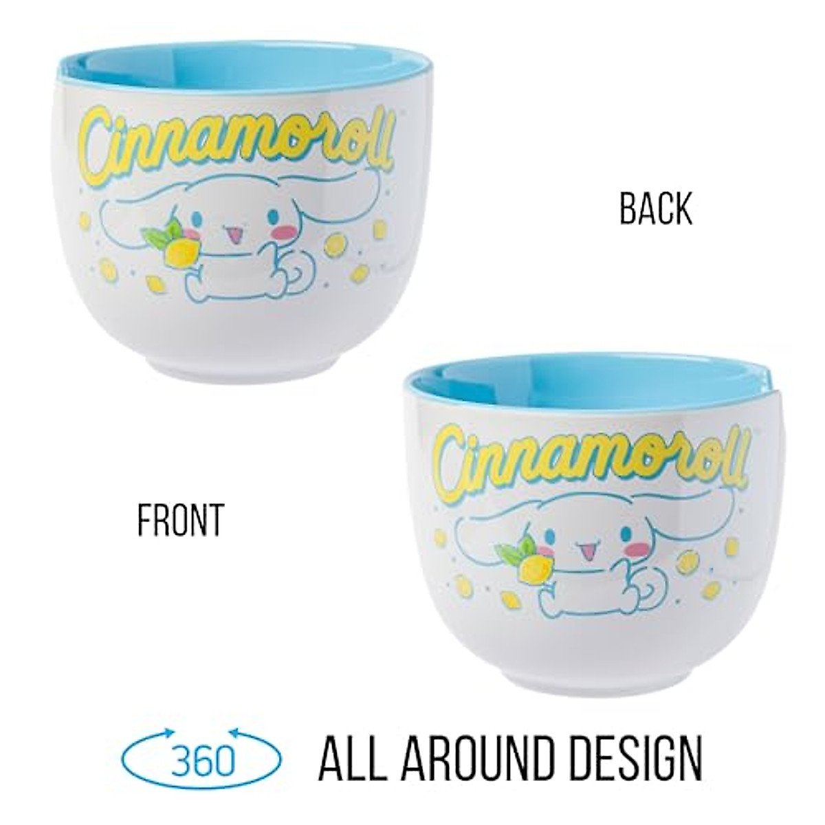 Silver Buffalo Sanrio Hello Kitty and Friends Cinnamoroll Lemons Ceramic Ramen Noodle Rice Bowl with Chopsticks, Microwave Safe, 20 Ounces