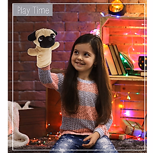 DolliBu Pug Dog Hand Puppet - Super Soft Plush Pug Stuffed Animal Hand Puppets for Kids, Cute Educational Pug Hand Puppets for Adults Teaching and Story Telling Puppet Show Theater Games - 8.5 Inches