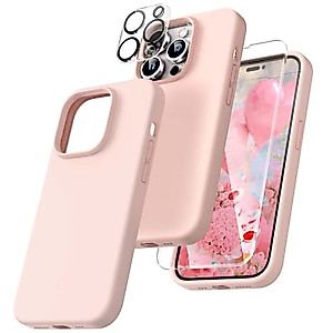 TOCOL [5 in 1 Designed for iPhone 14 Pro Case, with 2 Pack Screen Protector + 2 Pack Camera Lens Protector, Liquid Silicone Phone Case 6.1 Inch, [Anti-Scratch] [Drop Protection], Chalk Pink