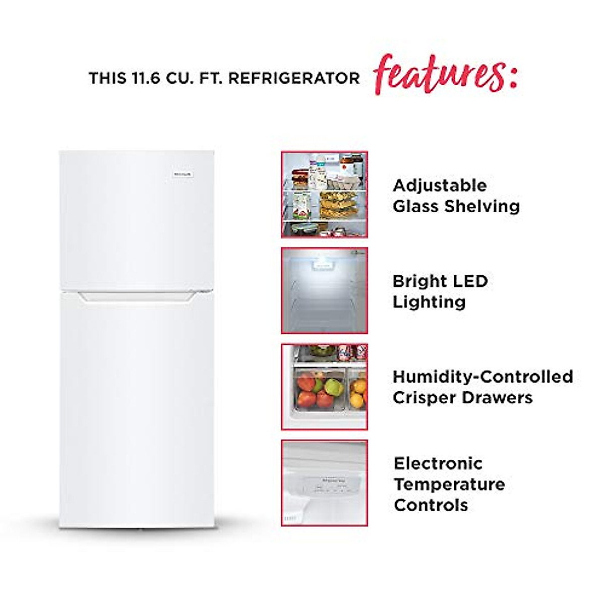 Frigidaire 11.6 Cu. Ft. Compact ADA Top Freezer Refrigerator in White with Electronic Control Panel, Reversible Door Swing, ENERGY STAR