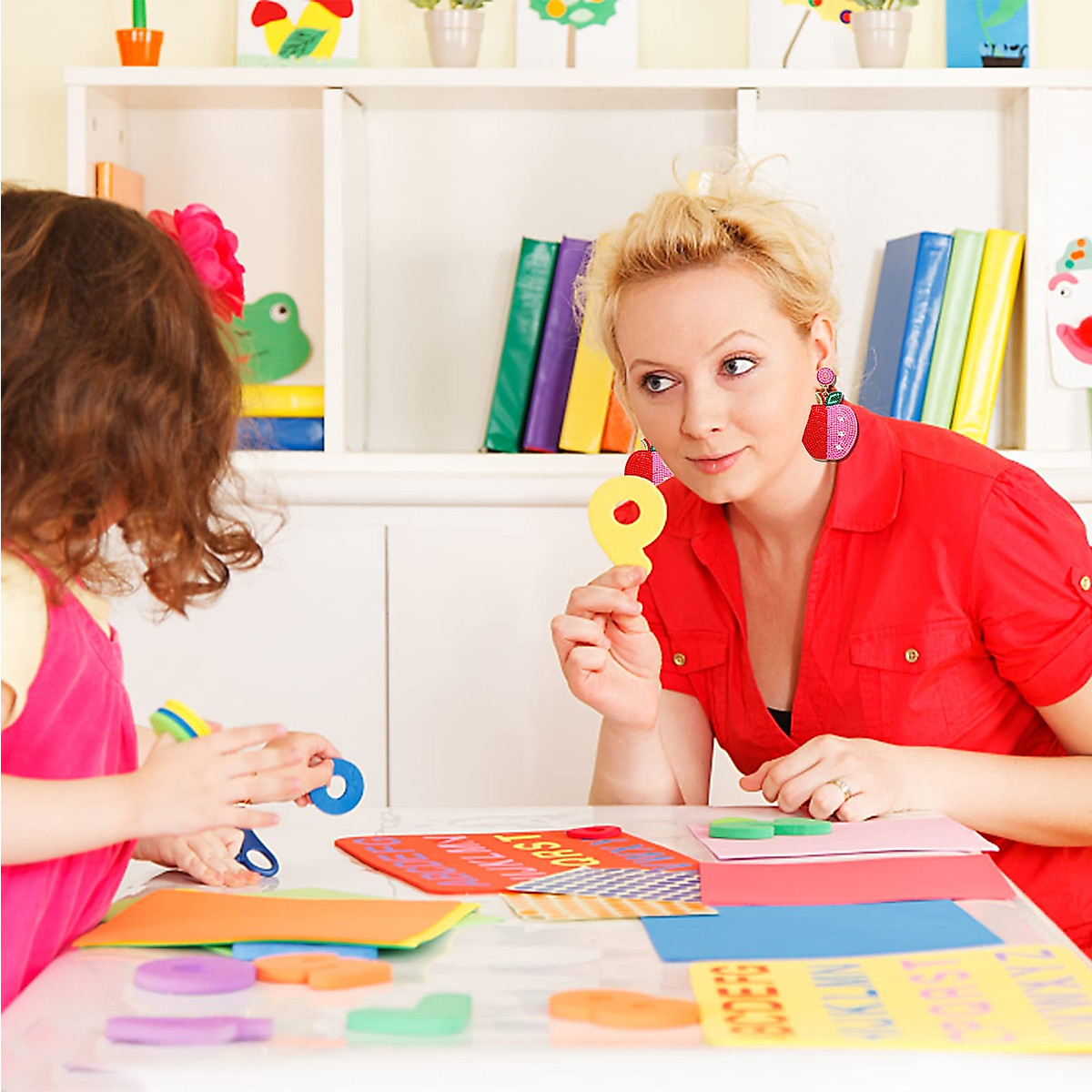 Teacher Earrings Apple Earrings for Women Back to School Earrings Cute Beaded Dangle Drop Earrings Colorful Teacher Appreciation Gift Back To School Jewelry (Hot pink)
