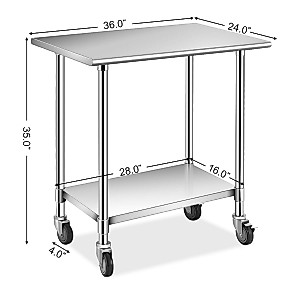 Giantex 36 × 24 Inches Stainless Steel Table w/ 4 Caster Wheels, Commercial Work Prep Table with Adjustable Lower Galvanized Shelf, Heavy Duty Metal Table for Restaurant, Kitchen