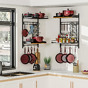 Zitaloken Hanging Pots and Pans Organizer, 2 Packs Adjustable Kitchen Shelves Wall Mounted, Pot Lid Holder Cookware & Cutting Board Storage Rack with 18 Hooks,Matte Black