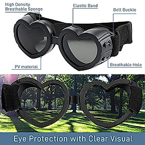 FUNUPUP Dog Sunglasses Small Breed Dog Goggles UV Protection Glasses with Adjustable Strap Heart Shape Anti-Fog Eyewear Windproof Glasses for Pet Dogs Puppy (Black)