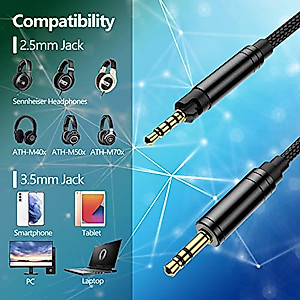 Replacement Cable for Sennheiser HD598 HD558 HD518 HD579 HD599 HD569 HD598 Cs, ATH-M40x ATH-M50x ATH-M70x Headphones Cord, 6.5 Feet/2.0 M 3.5mm to 2.5mm Headphone Audio Cable Nylon Braided Wire-Black