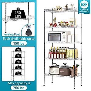 5 Wire Shelving Unit Storage Shelf Adjustable Heavy Duty Shelf with Leveling Feet for Closet Laundry Pantry Kitchen Garage 750 LBS Capacity 21.5" L x 11.6" W x 47.6" H, Chrome