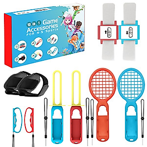 Ermorgen Switch Sports Accessories Bundle, 10 in 1 Kit for Switch Sports Games, with Joycon Fencing Grip for Chambara Game, Leg Straps & Hand Strap, Tennis Badminton Rackets and Bowling Grip